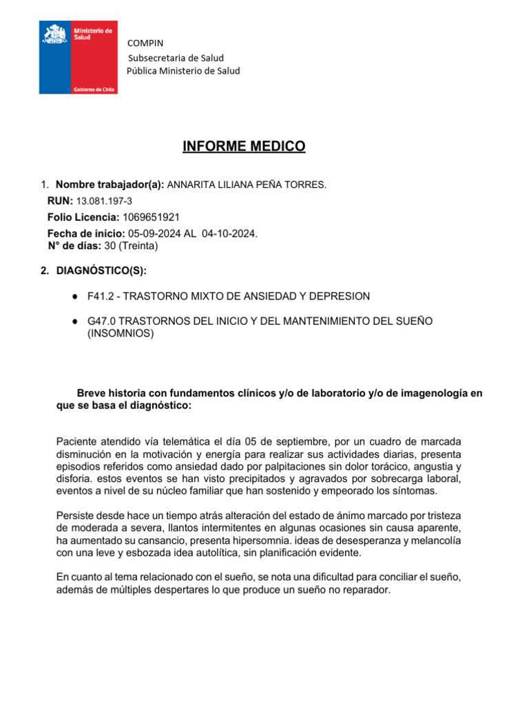 Informe Médico de Annarita Peña Torres | PDF | Trastorno depresivo ...