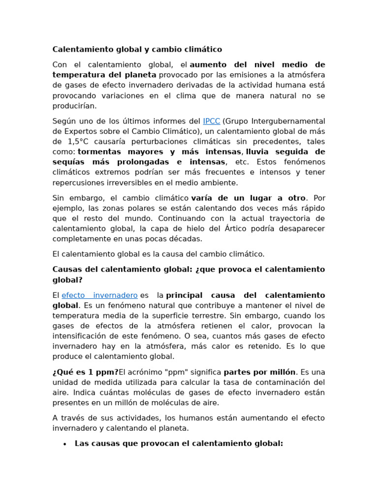 Causas y Consecuencias del Calentamiento Global | PDF | Cambio ...