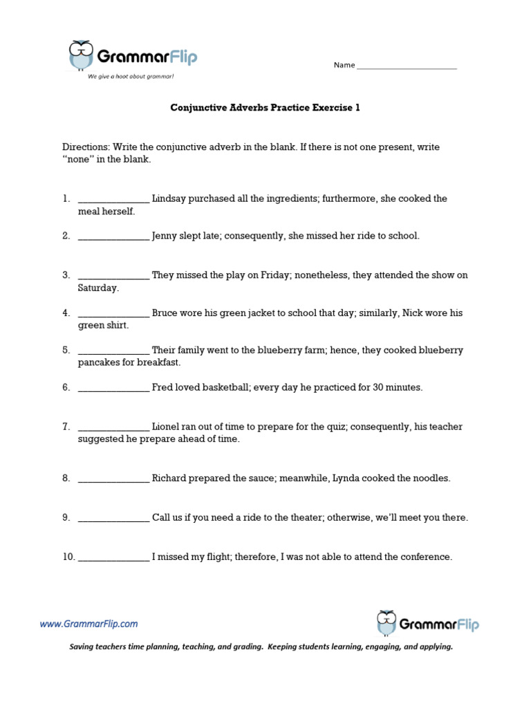 5e1745ae10a1f54bd9f84c1b_Conjunctive Adverbs GrammarFlip Worksheet PE1 ...
