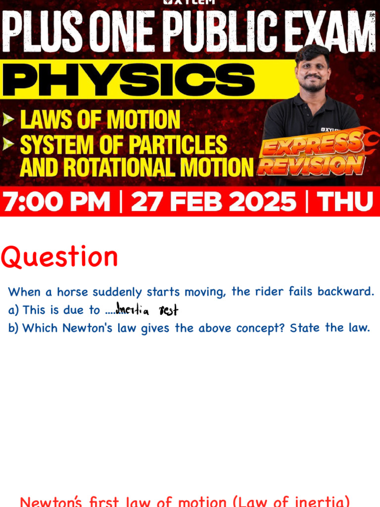 27.02. Plus One Physics Laws of Motion - JMK | PDF | Rotation Around A Fixed Axis | Force