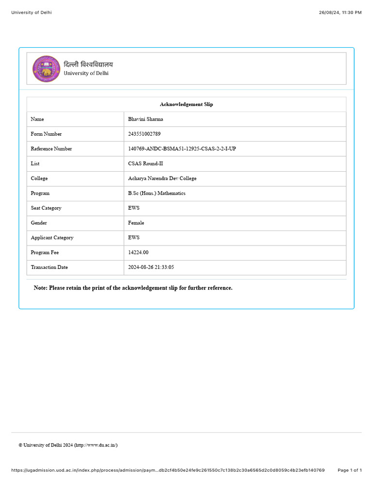 Acharya Narendra Dev Fees Slip | PDF