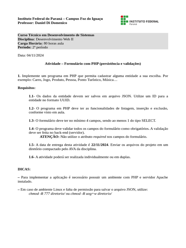 Aula7 PHP Atividade | PDF