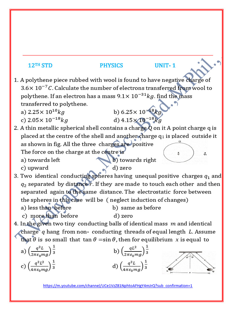 12th Physics One Mark Questions Guide | PDF | Sphere | Electric Field