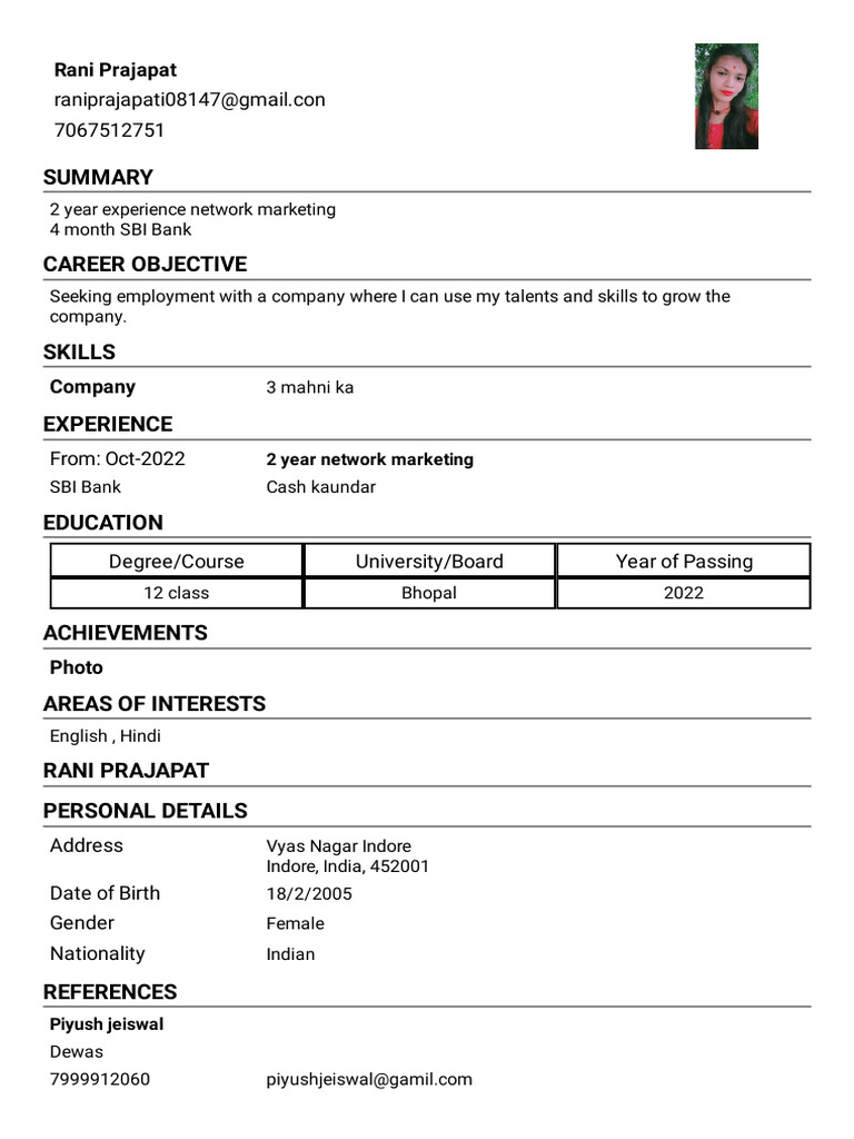 af98ffdf-b26d-4af8-afc8-8b1a10b730de-Resume_Rani prajapat_Format1-1 | PDF