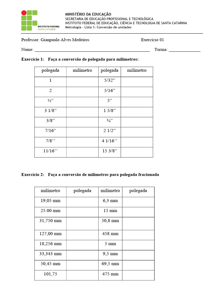 Conversão de Unidades Ex 1 | PDF