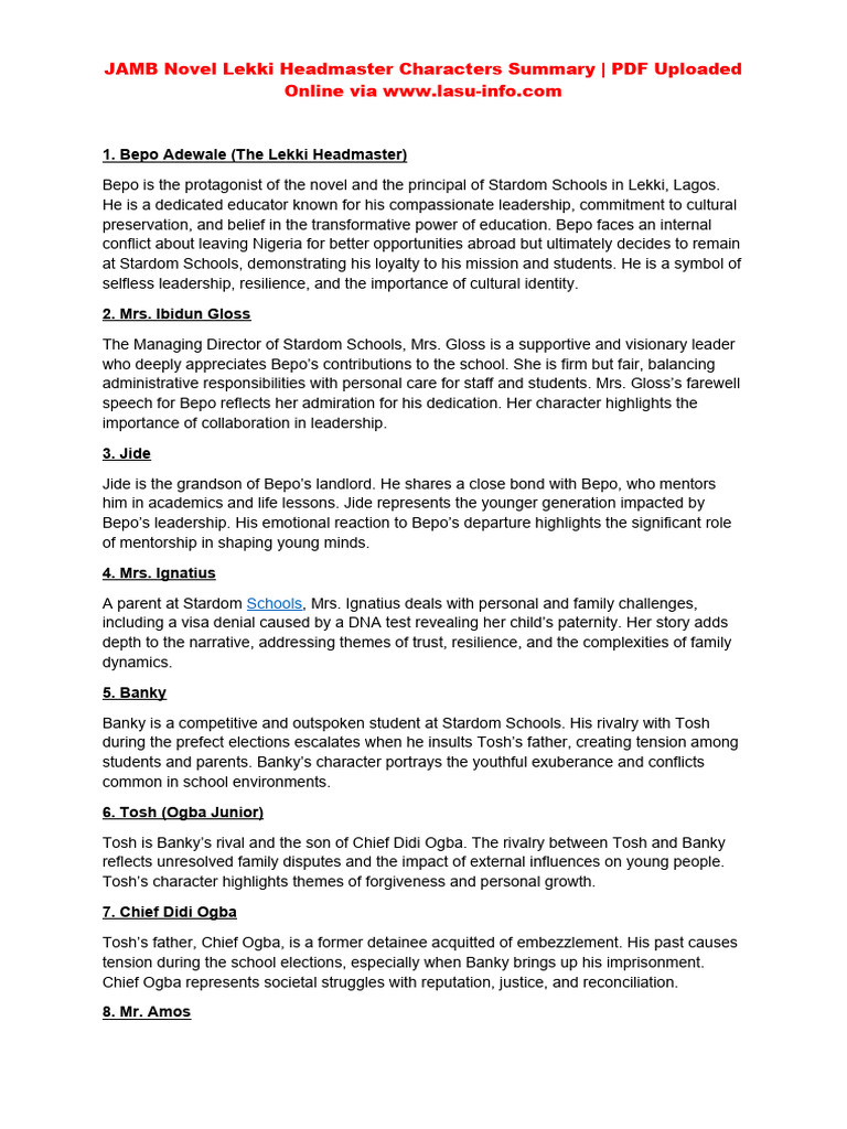 Lekki Headmaster Character Summary Kabir Garba | PDF
