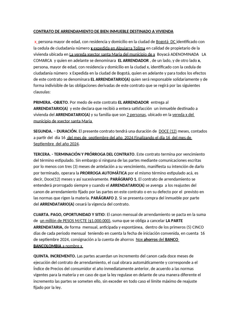 Contrato de Arrendamiento de Bien Inmueble Destinado A Vivienda | PDF | Pagos