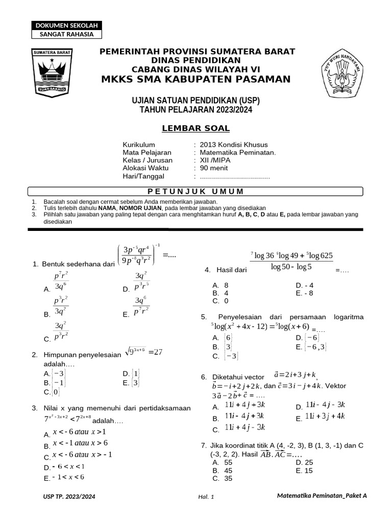 Soal USP MTK PEMINATAN PAKET A TP. 2023 2024 | PDF