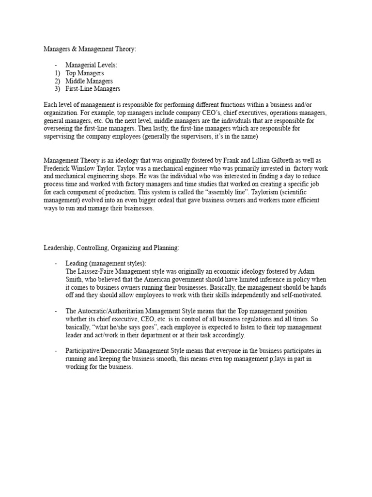 Business Notes On Managers & Management Theory | PDF