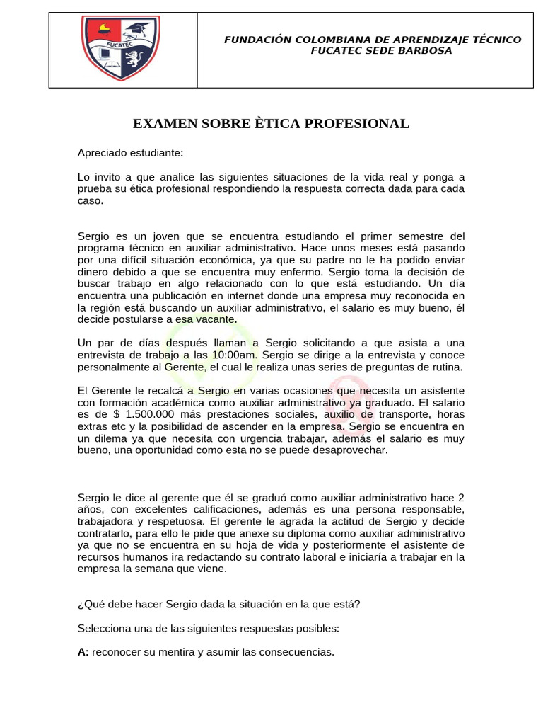Examen Sobre Tica Profesional | PDF