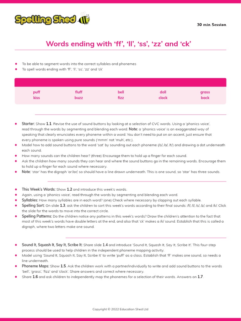 Spelling Shed 2022 - Stage 1 - Lesson 1 - Words Ending With FF, LL, SS ...