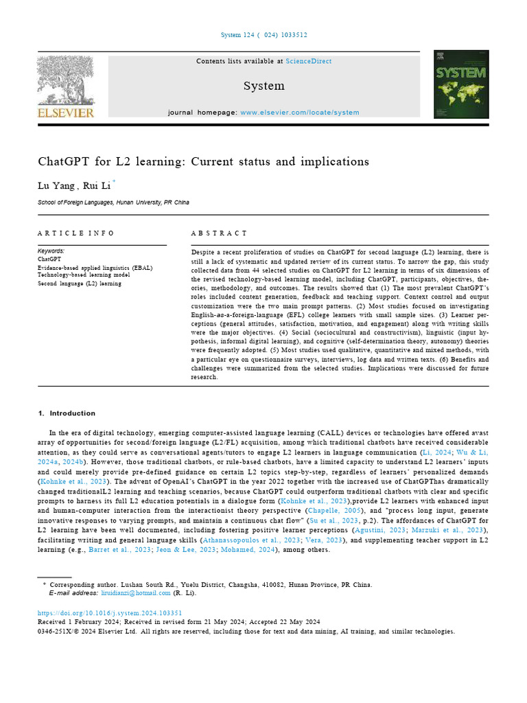 ChatGPT For L2 Learning - Current Status and Implications | PDF | Second Language | Learning