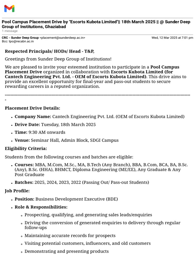 Gmail - Pool Campus Placement Drive by - Escorts Kubota Limited - 18th ...