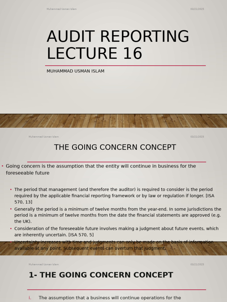 Audit reporting lecture 16 (1) | PDF | Going Concern | Business