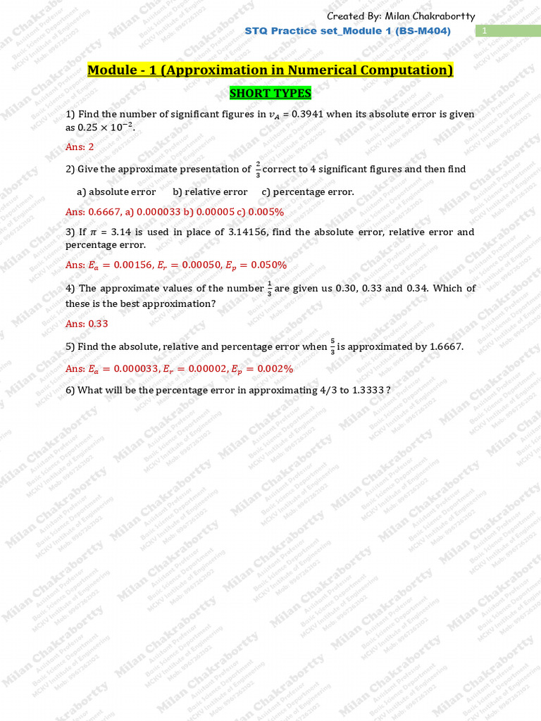 STQ - Module 1 - Numerical Methods (Approximation) Practice Set | PDF