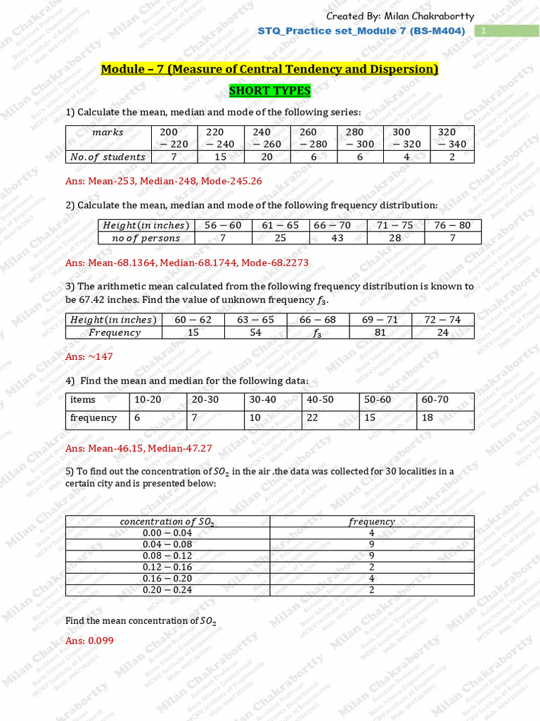 STQ Module 7 Numerical Methods Measure of Central Tendency and Dispersion | PDF | Mean | Average