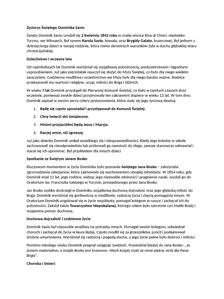 Życiorys Świętego Dominika Savio | PDF