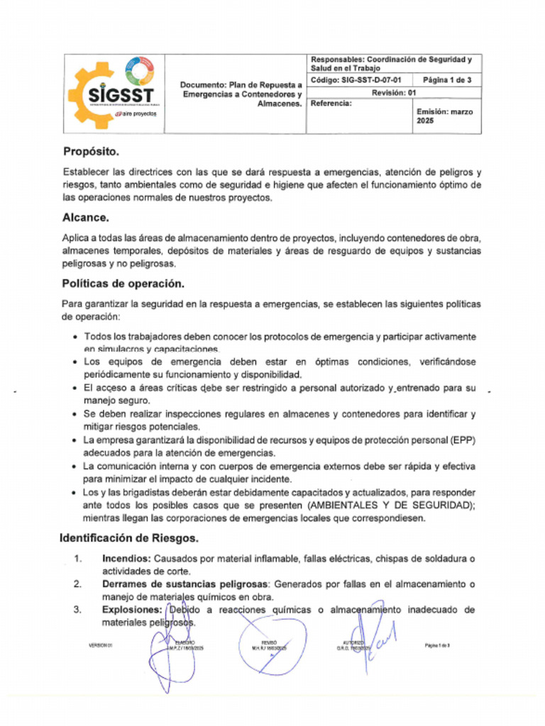 SIG-SST-D-10-01 Plan de Repuesta a Emergencias a Contenedores y Almacenes | PDF