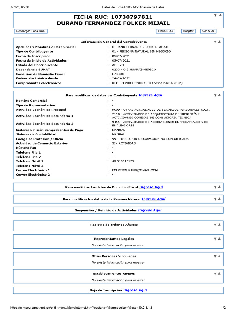 Modificación de Datos Ficha RUC 2023 | PDF | Industrias de servicio