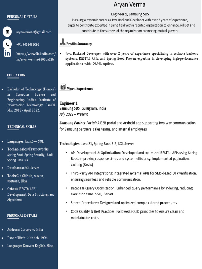 Resume Aryan JavaBackend | PDF | Microsoft Sql Server | Java (Programming Language)