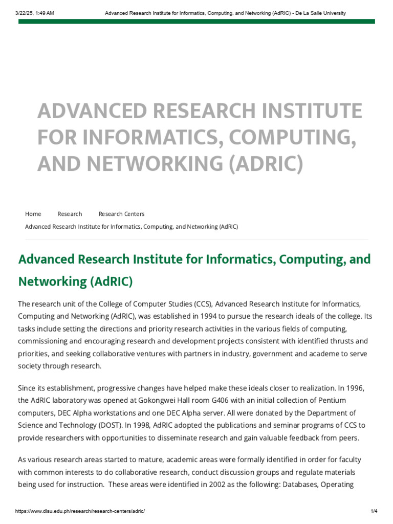 Advanced Research Institute For Informatics, Computing, and Networking ...