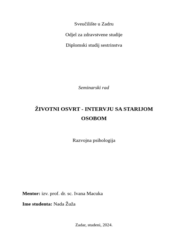 Životni Osvrt, Intervju Sa Starijom Osobom, Nada Žuža | PDF