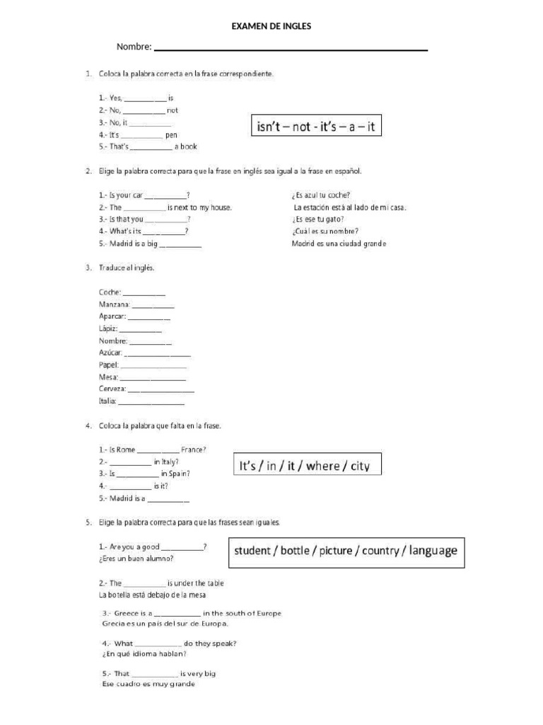 Examen de Ingles Basico | PDF