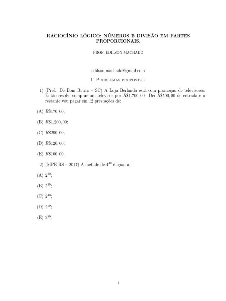 Raciocínio Lógico: Números e Divisão em Partes Proporcionais | PDF ...
