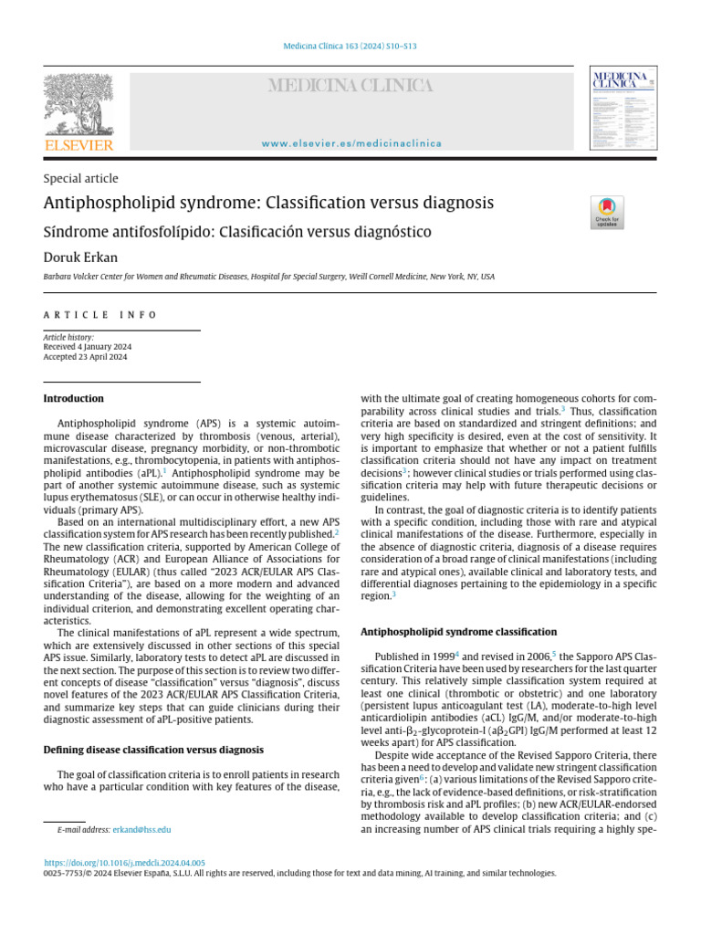 Antiphospholipid Syndrome Classification Versus Diagno - 2024 ...