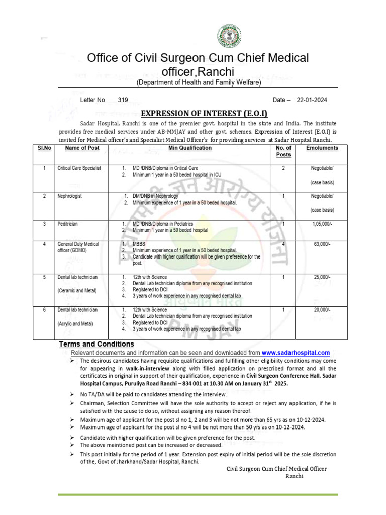 Sadar Hospital Ranchi Recruitment 2025 | PDF | Doctor Of Medicine ...