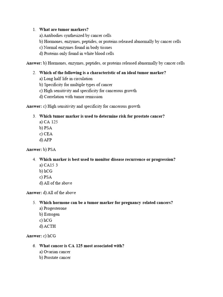 Mcqs About Tumor Markers | PDF | Cancer | Prostate Specific Antigen