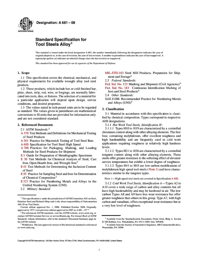ASTM A681 - Tool Steel Alloy PDF | PDF | Steel | Metalworking