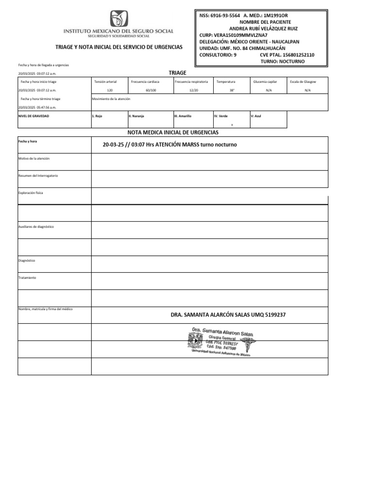 Hoja de Urgencias IMSS - ANDREA RUBÍ | PDF | Especialidades Medicas ...