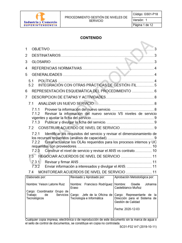 GS01-P18 PROCEDIMIENTO GESTIÓN NIVELES DE SERVICIO - Copia - Controlada ...