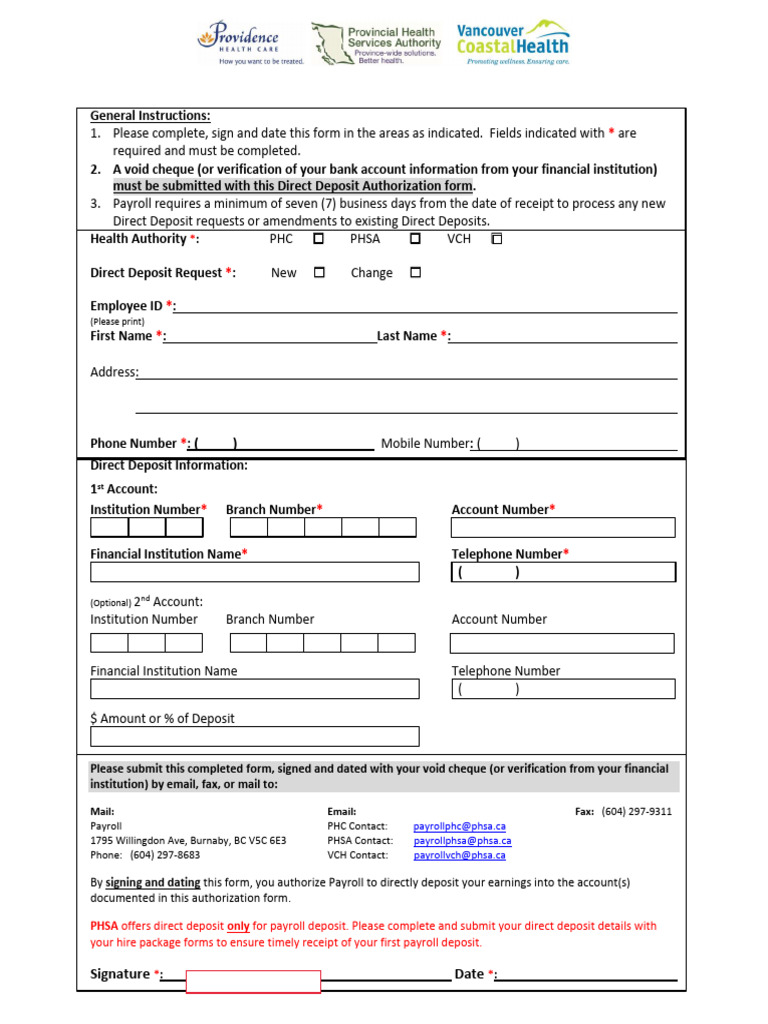 Direct Deposit Form - PHC_PHSA_VCH logo fillable | PDF | Service Industries