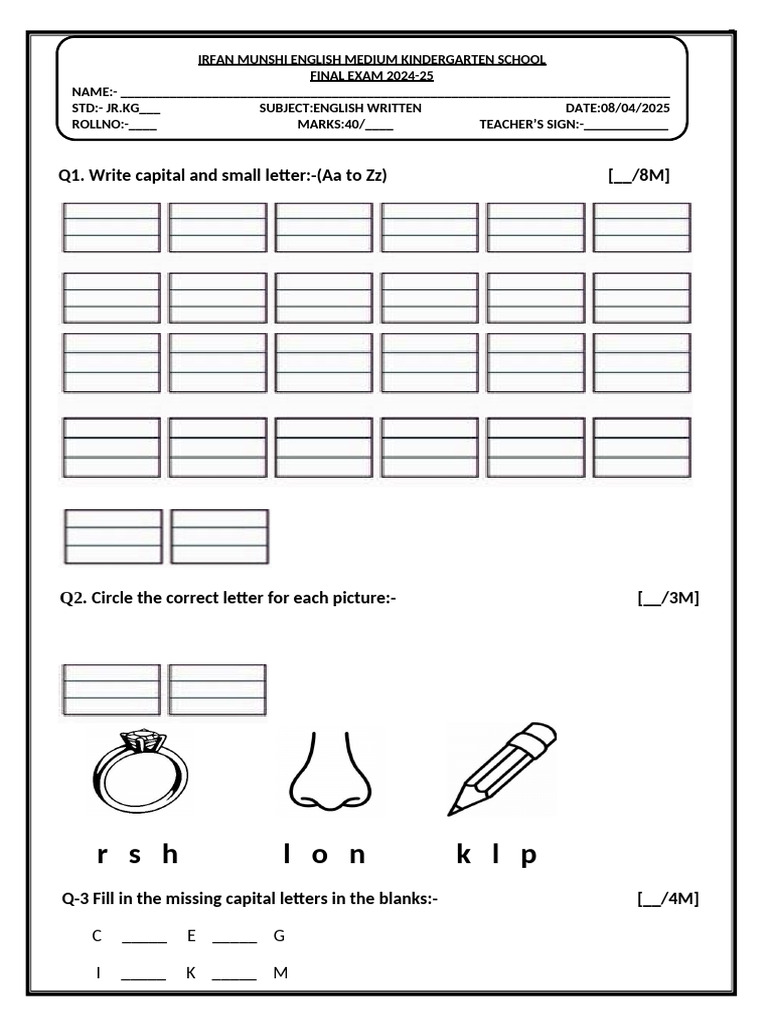 JR KG English Question Paper of Final Exam 2024-25 | PDF