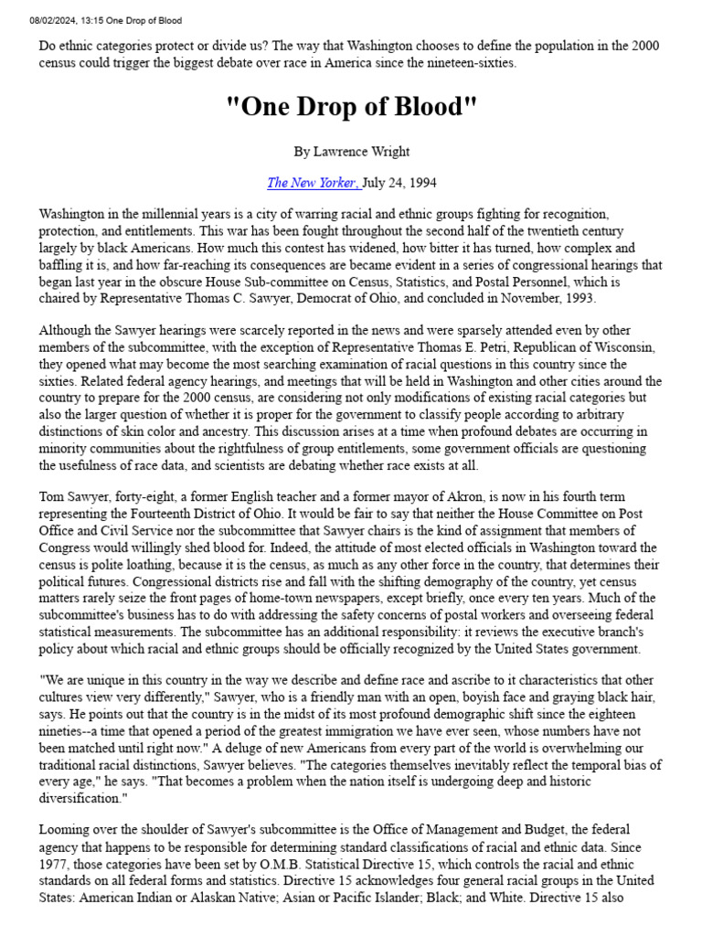 One Drop of Blood Lawrence Wright | PDF | Race And Ethnicity In The ...