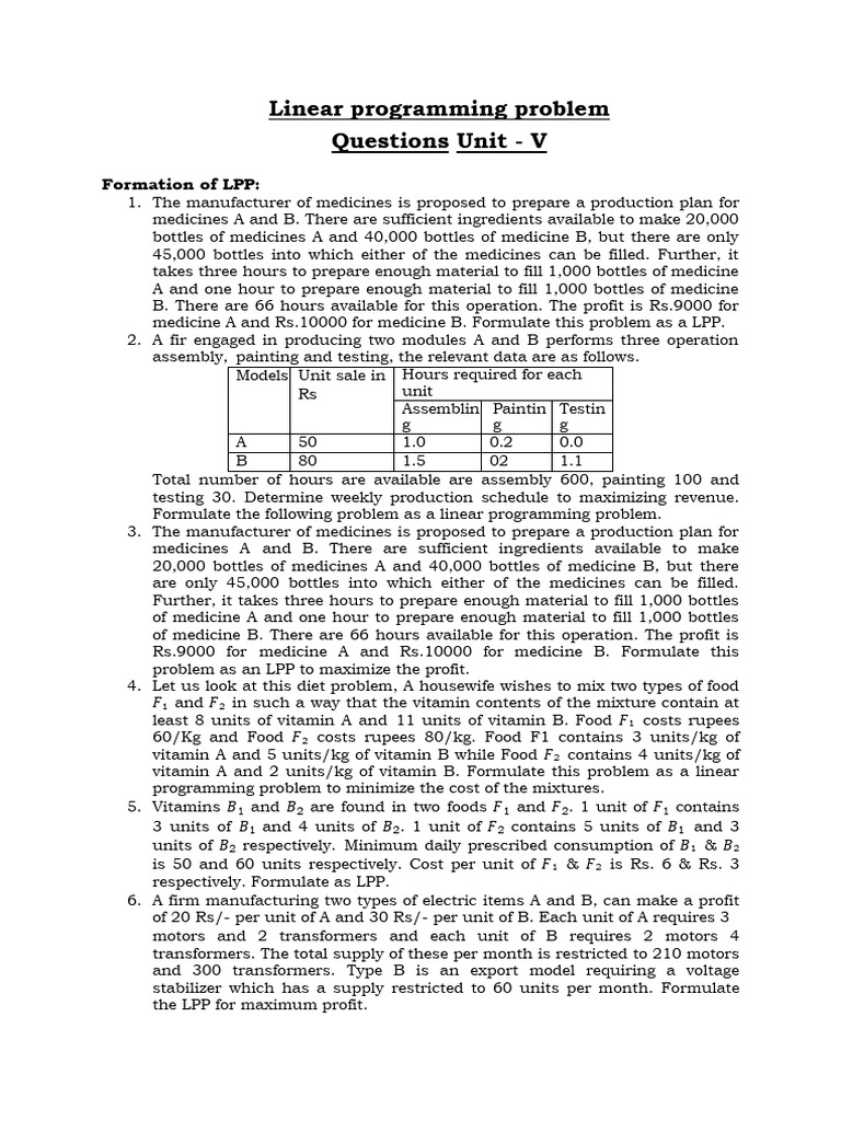 Unit - V Linear Probramming - Assignment Sheet | PDF | Applied Mathematics