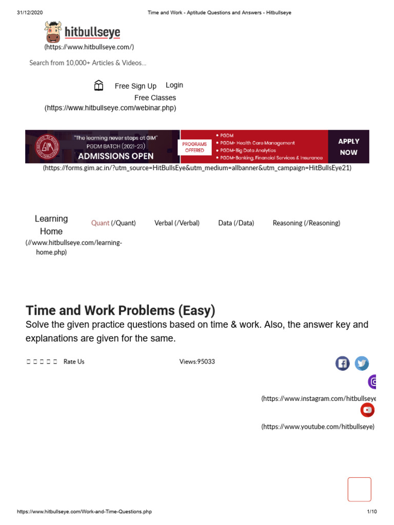 Time and Work - Aptitude Questions and Answers - Hitbullseye | PDF