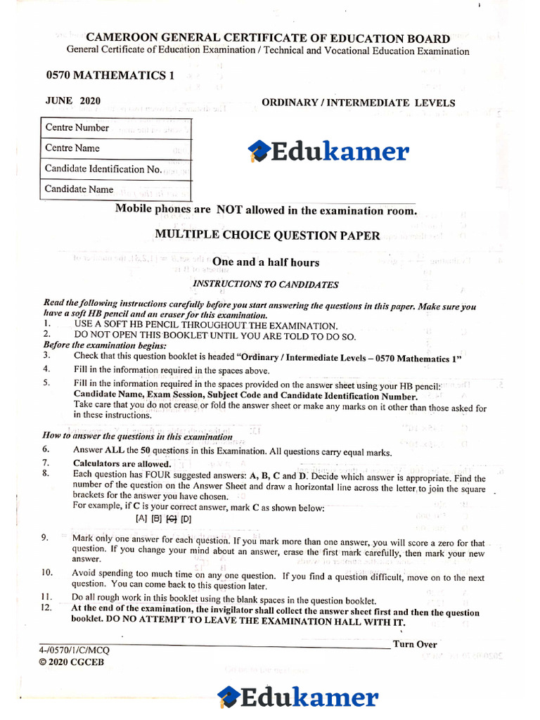 2020 GCE O Level Mathematics Paper 1 | PDF | Percentile | Cartesian ...