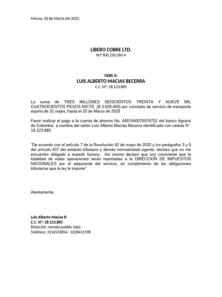 Modelo Cta de Cobro Servicio Equino. | PDF