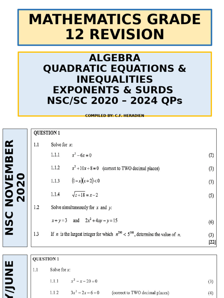 1 - Maths p1 Revision 2020 - 2024 Qps (Quadratic Equations) | PDF