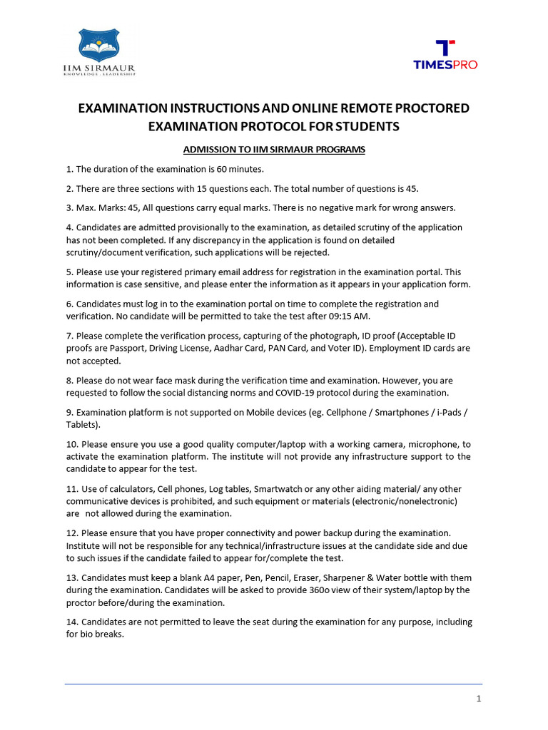 Examination Instructions and Online Remote Proctored Examination ...