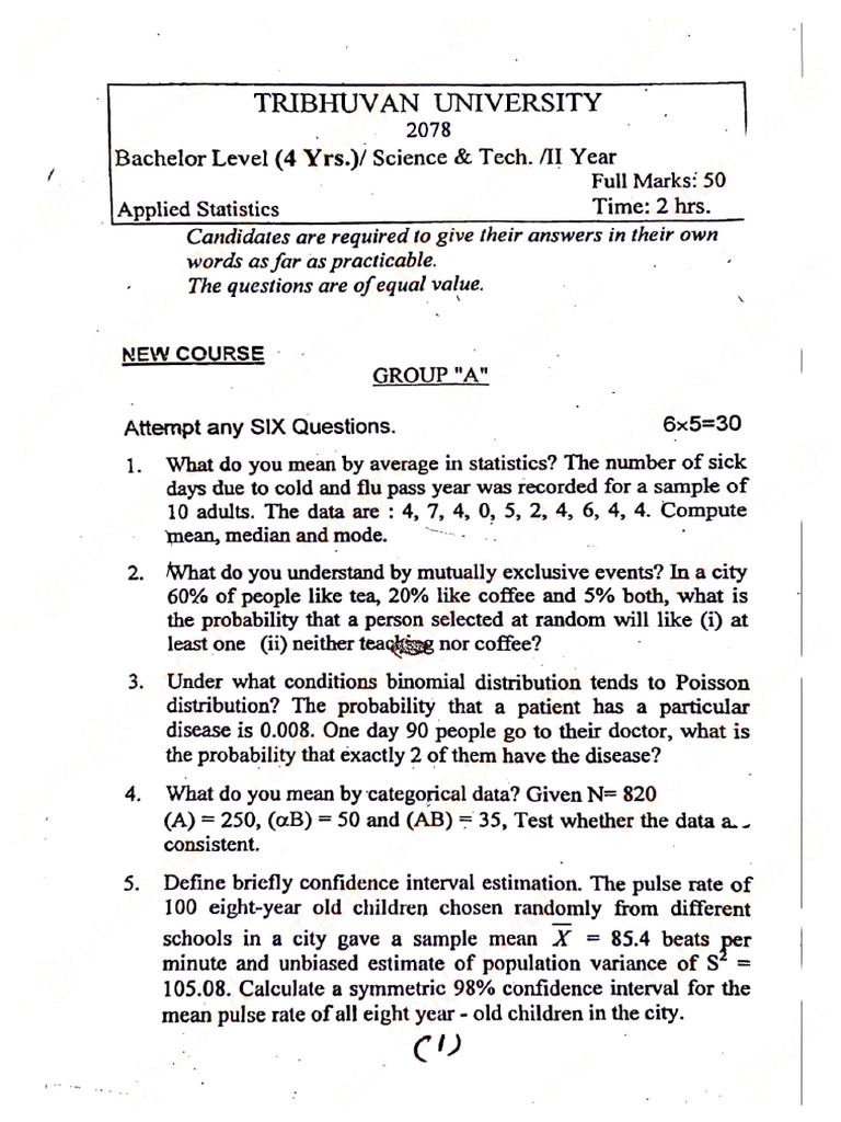 Applied Statistics Paper 2078 | PDF