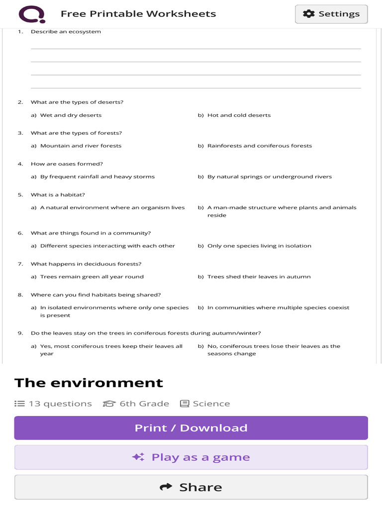 6th Grade Science Ecosystem Worksheets | PDF | Desert | Forests