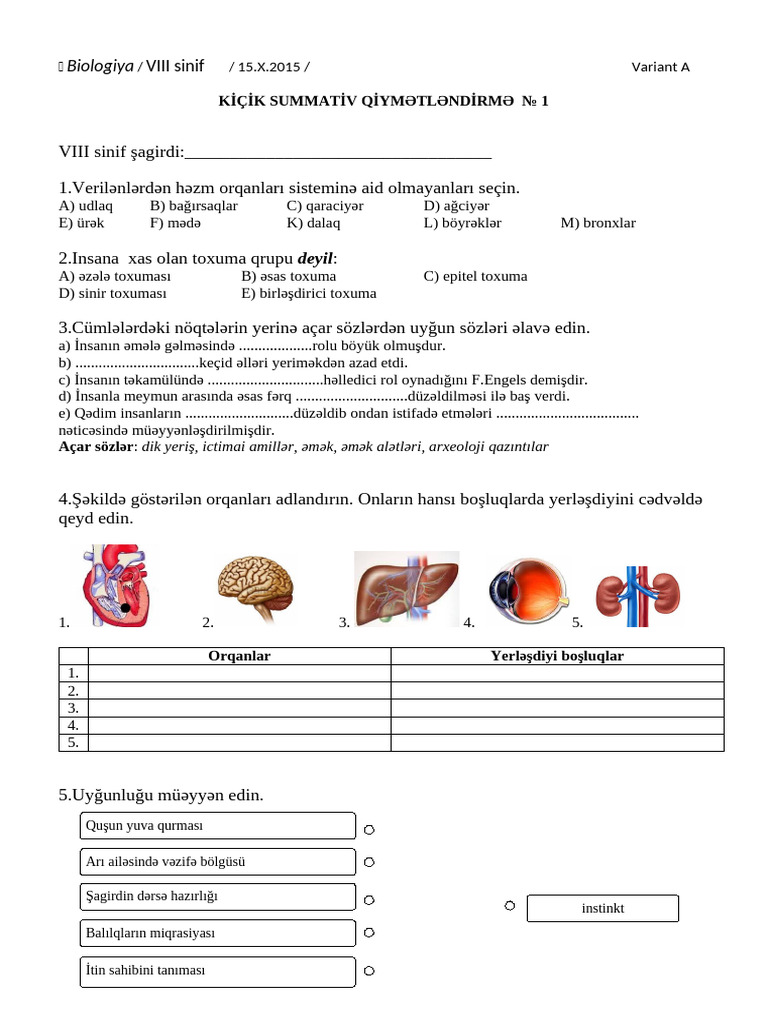 KSQ-1 Biologiya VIII sinif.. VARIANT A,B....EMIL MƏLİKOV | PDF
