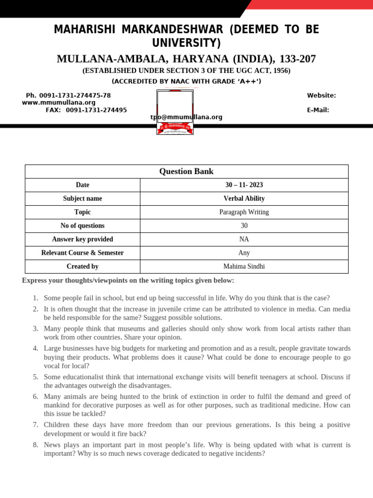 Paragraph Writing Question Bank | PDF