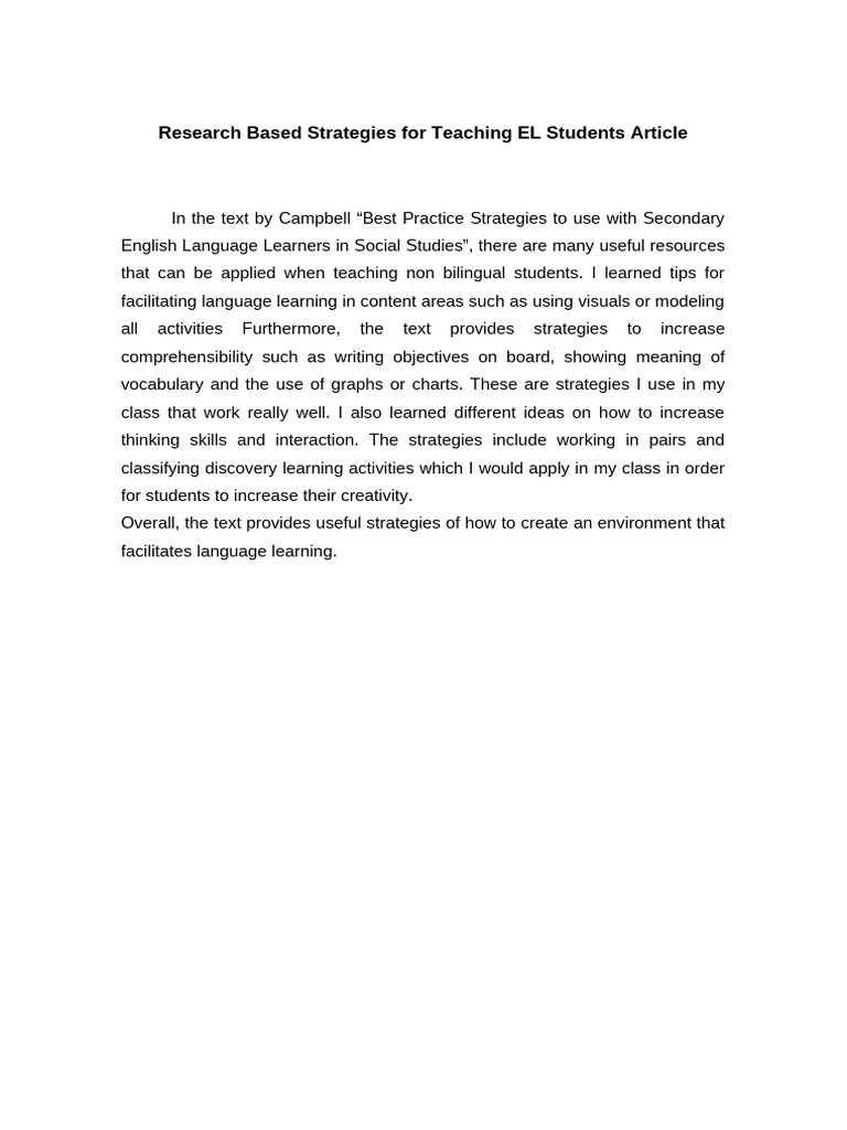Research Based Strategies For Teaching EL Students Article | PDF