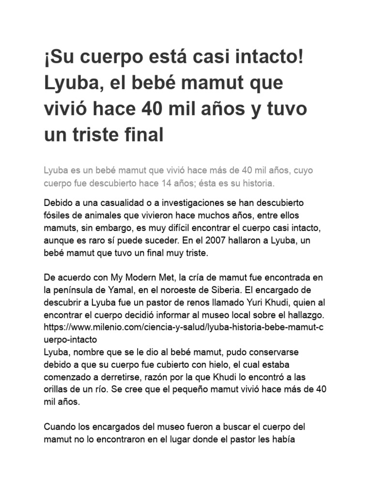 La historia de Lyuba, el bebé mamut | PDF