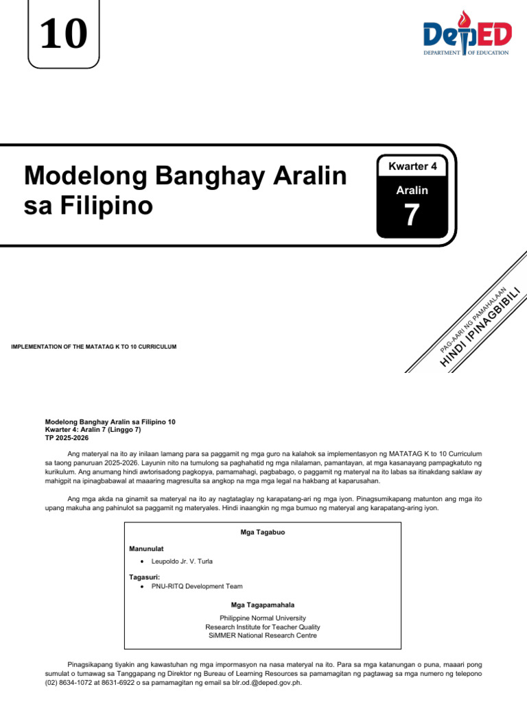 LE_Q4_Filipino10_Lesson7 Week7 | PDF